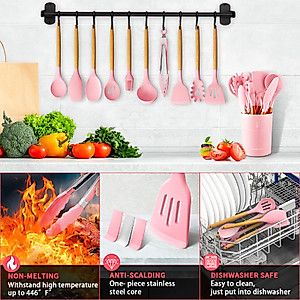Caliamary Silicone Kitchen Utensil Set, 11 Pieces Cooking Utensil with Wooden Handles, Utensil Holder for Nonstick Cookware, Spoon, Soup Ladle, Slotted Turner, Whisk, Tongs, Brush, Pasta Server (Pink)
