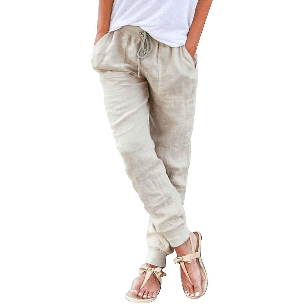 Puimentiua Womens Tapered Pants Cotton Linen Drawstring Back Elastic Waist Pants Casual Trousers with Pockets Khaki