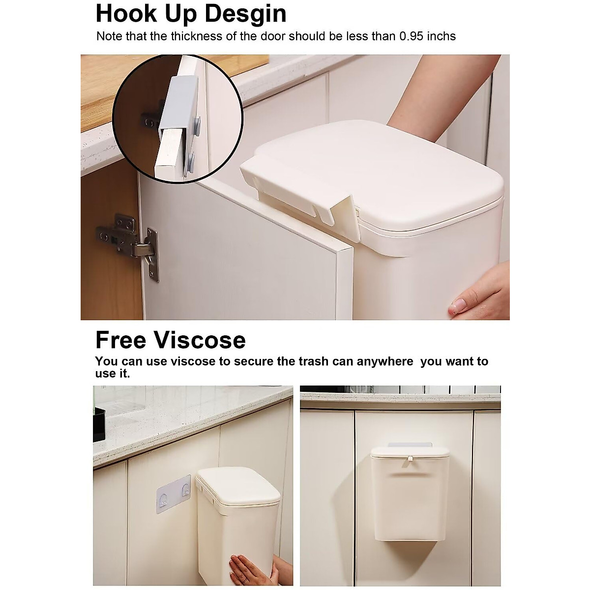 2.4 Gallon Hanging Trash Can with Lid for Kitchen Cabinet Door,9L Wall Mount Trash Can for RV Insider,Cupboard,Bathroom,Bedroom,Office and Under Sink,White