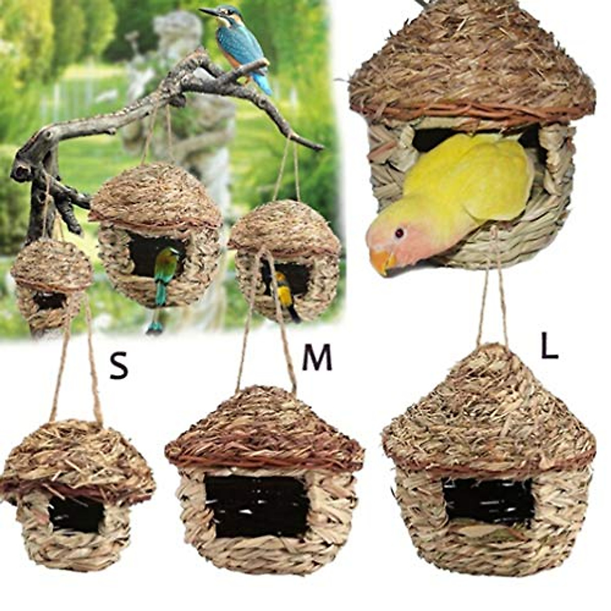 POPETPOP Hanging Bird House Handwoven Grass Bird Hut - Bird Nest for Parakeets Parrots Canary and Other Small Pets - Bird Cage Accessories - Size M