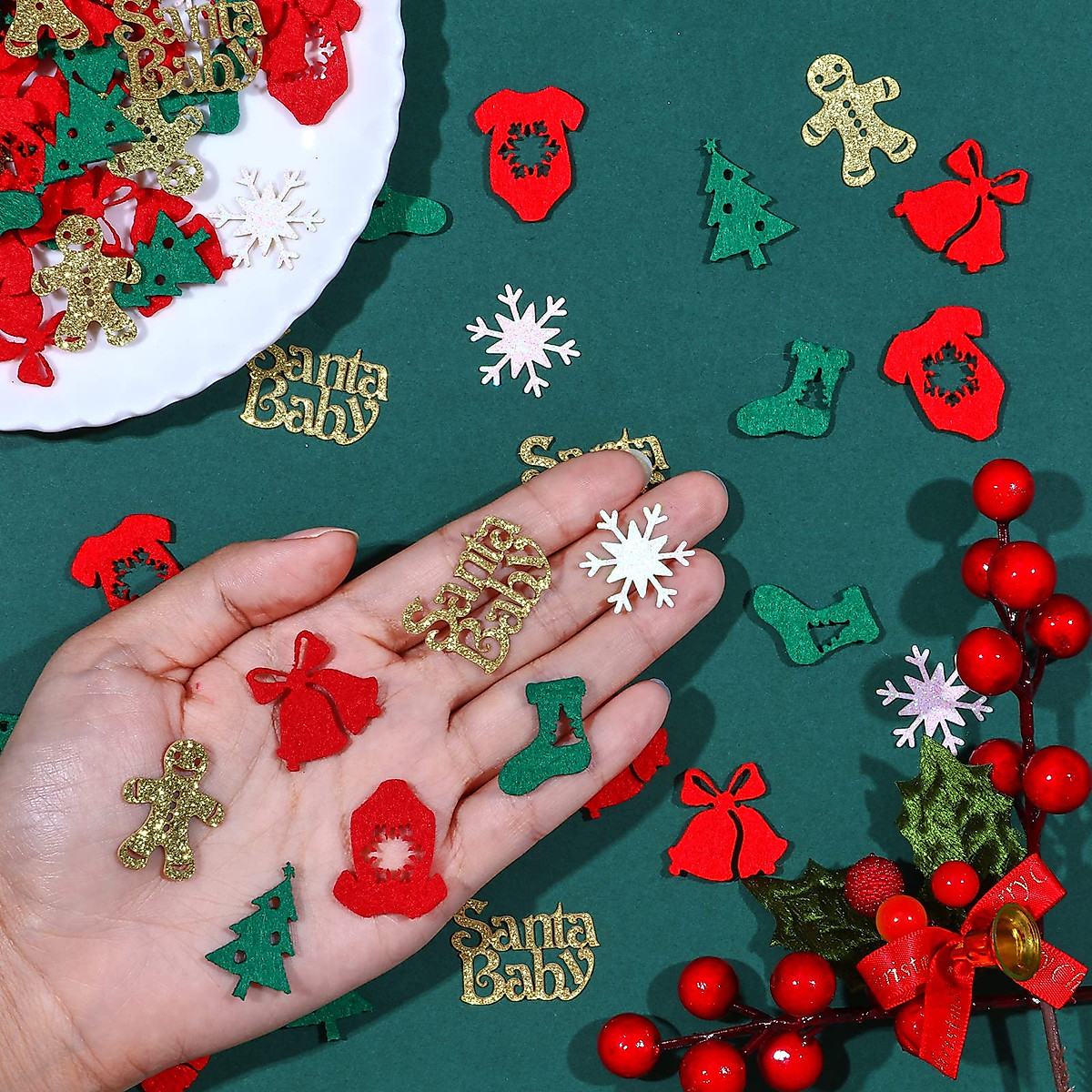 Christmas Baby Shower Confetti, 200pcs Glitter Felt Cloth Christmas Table Confetti - Christmas Tree, Gingerbread Man, Snowflake Table Scatter, Xmas Baby Shower Table Decorations for Girl Boy