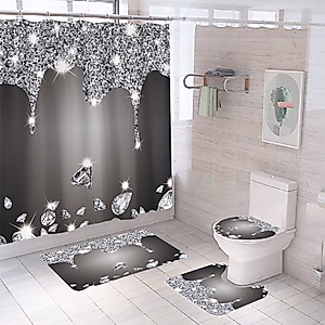 Mightree 4 PCS Bathroom Shower Curtain Set, 71 x 65 inch Waterproof Fabric Bathroom Curtain with 12 Hooks, Toilet Lid Cover and Bath Mat, Non-Slip Rug Foot mat, Gray Diamond