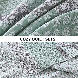 PERHOM Queen Size Quilt Set - 100% Long-Staple Cotton Floral Quilt, Reversible Patchwork Lightweight Comforter Bed Spread for All Season, Green/Gray