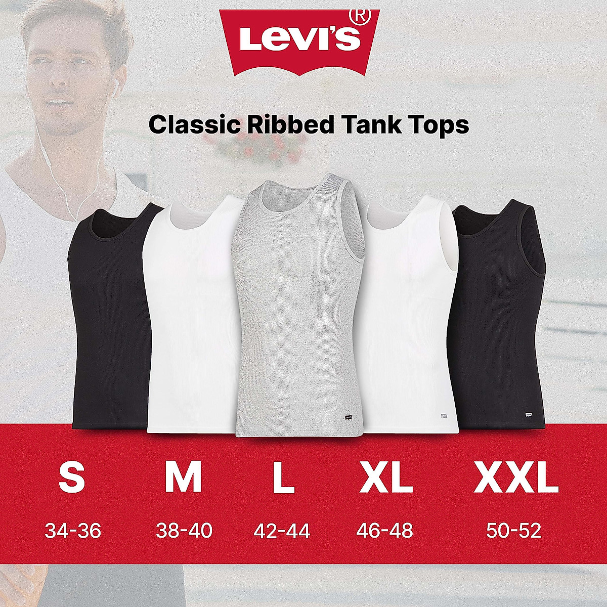 Levi's Tank Tops for Men, Ribbed Cotton Mens Undershirts 2 White/Grey/2 Black