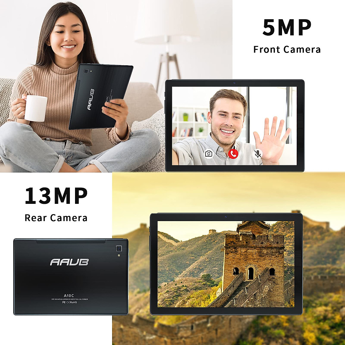 AAUB Tablet 10.1 inch Android Tablets 10 OS, Octa-Core Largest Tablet, HD Display, 32GB Big Storage Smart PC, 5MP+13MP Dual Cameras, 5G WiFi Bluetooth 5.0 GPS for Kids Seniors Tablet Computer