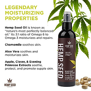 Hemp Seed Body Mist, Beach Daze - 8 fl oz - Moisturizes, Invigorates & Protects Skin - With Hemp Seed Oil, Chamomile & Aloe Vera - Vegan, Cruelty Free