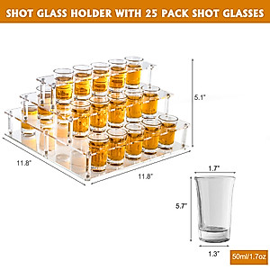 HeiMma Shot Glasses Set of 25 with Holder, 1.7Oz/50ml Shot Glasses, Shot Display Stand, Shot Glass Serving Tray with LED Light for Party, Bar, Drinking Club, Restaurant