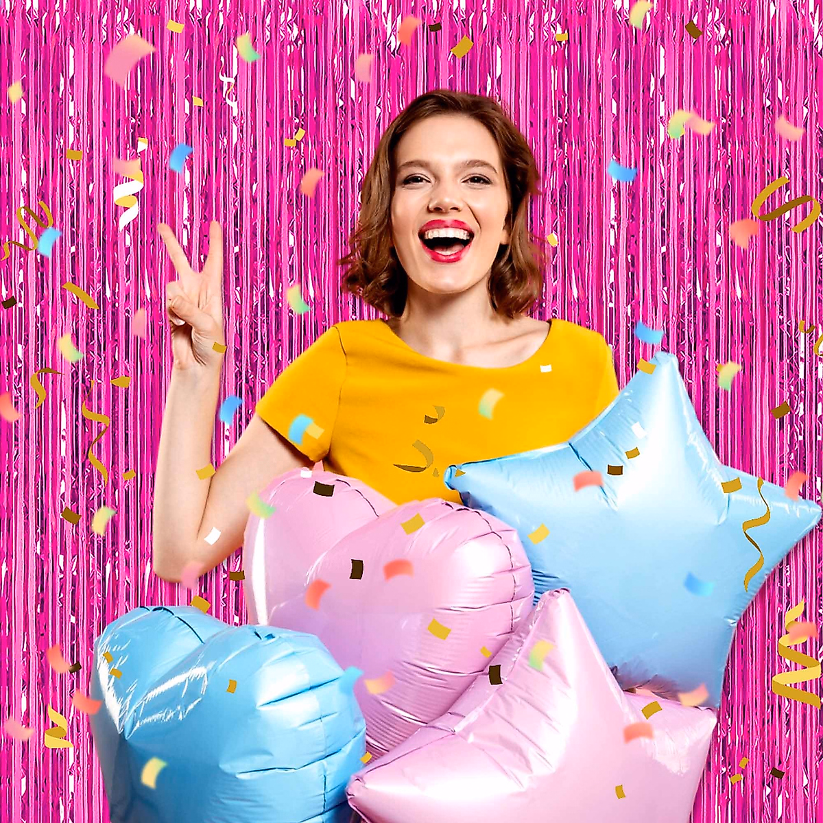 3 Pack Fuchsia Foil Fringe Curtains Backdrop, 3.28 x 8.2 Ft Metallic Streamers Tinsel Curtains Background for Photo Booth, Birthday, Halloween, Christmas, Thanksgiving, New Year Party Decorations