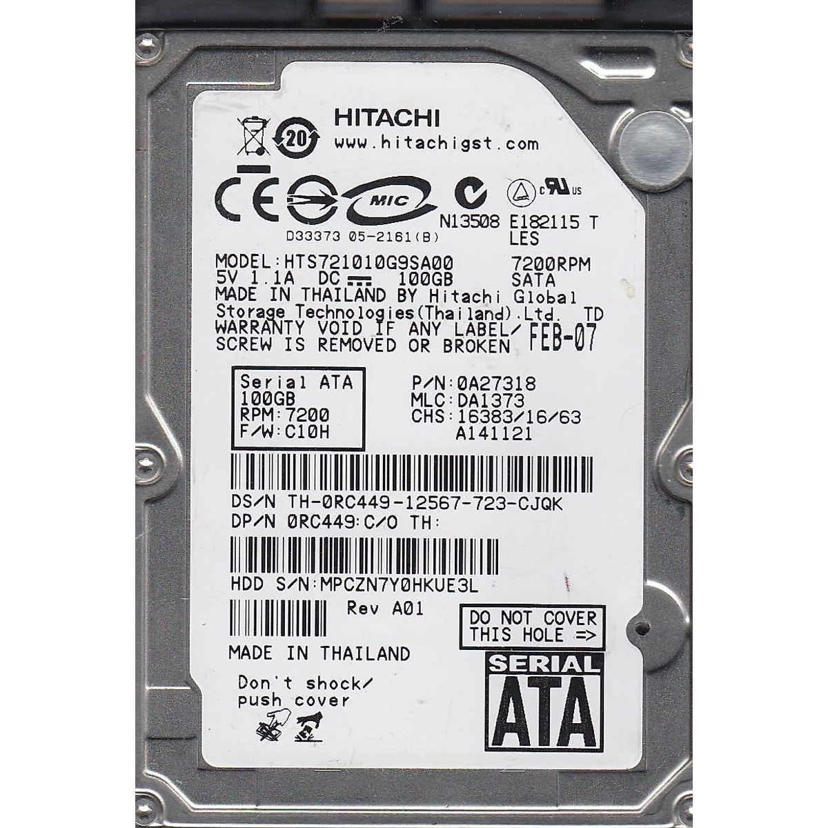 Hitachi Travelstar 7K100 HTS721010G9SA00 100GB SATA Laptop Hard Drive 7200RPM 8MB 2.5" Notebook