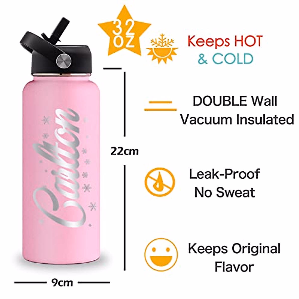 Farmelov Personalized Water Bottles Custom Name Insulated Water Bottle with Straw, Engraved Waterbottle Customized Gifts for Kids School Girls Boys Men Women - 24oz