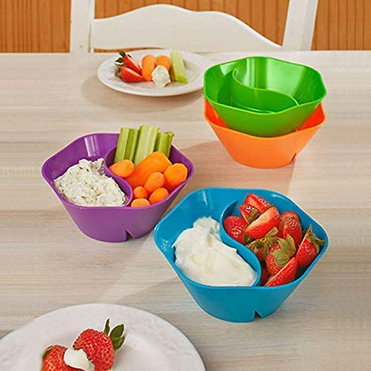 Jarratt Industries Double Dipper Snack and Serving Bowls, Divided Bowls Perfect for Chips, Dips, Snacks, Salad, Nuts, Pistachios, Cereal, Microwave and Dishwasher Safe, Set of 4