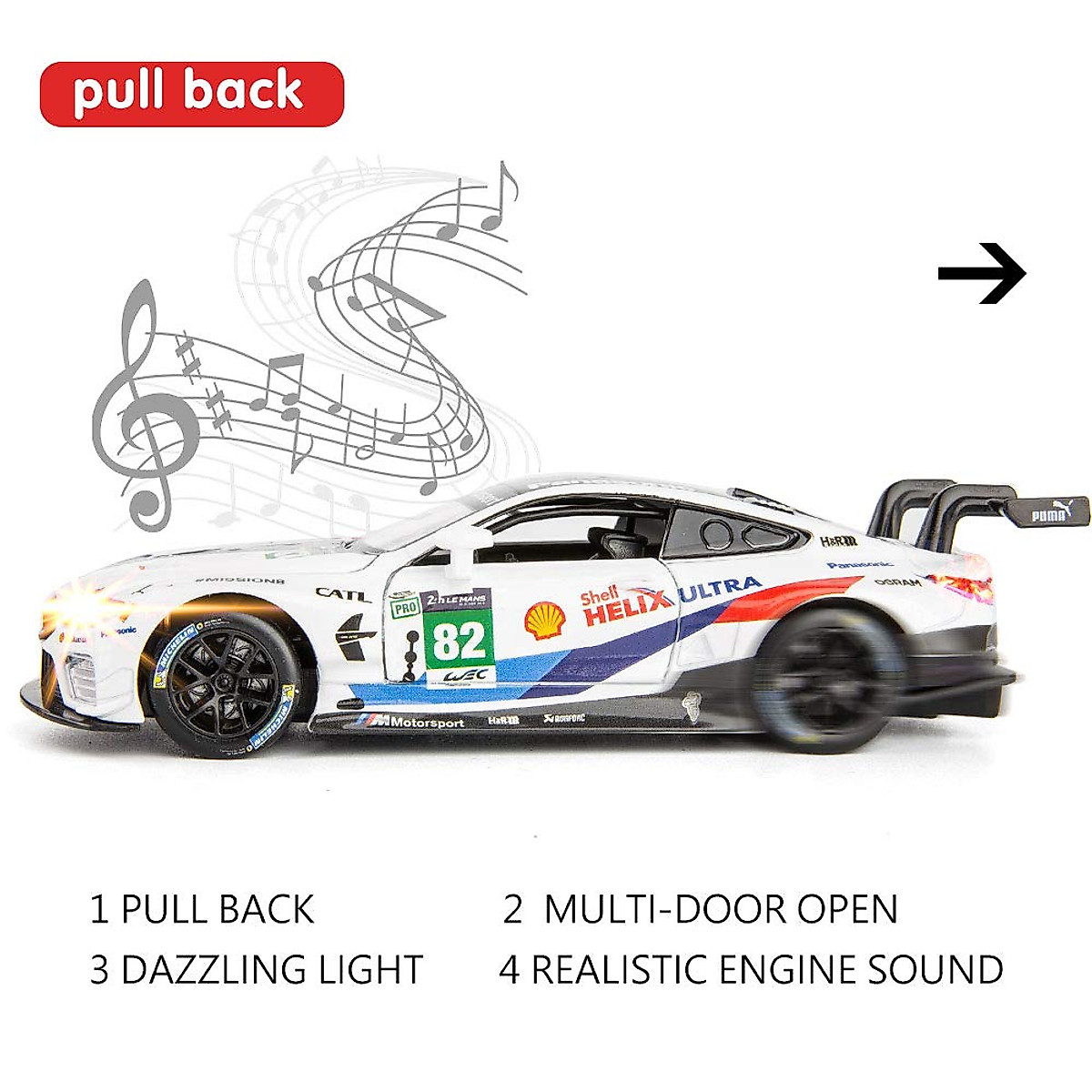 TGRCM-CZ Diecast Model Cars Toy Cars, M8 GTE #82 1:32 Scale Alloy Pull Back Toy Car with Sound and Light Toy for Girls and Boys Kids Toys