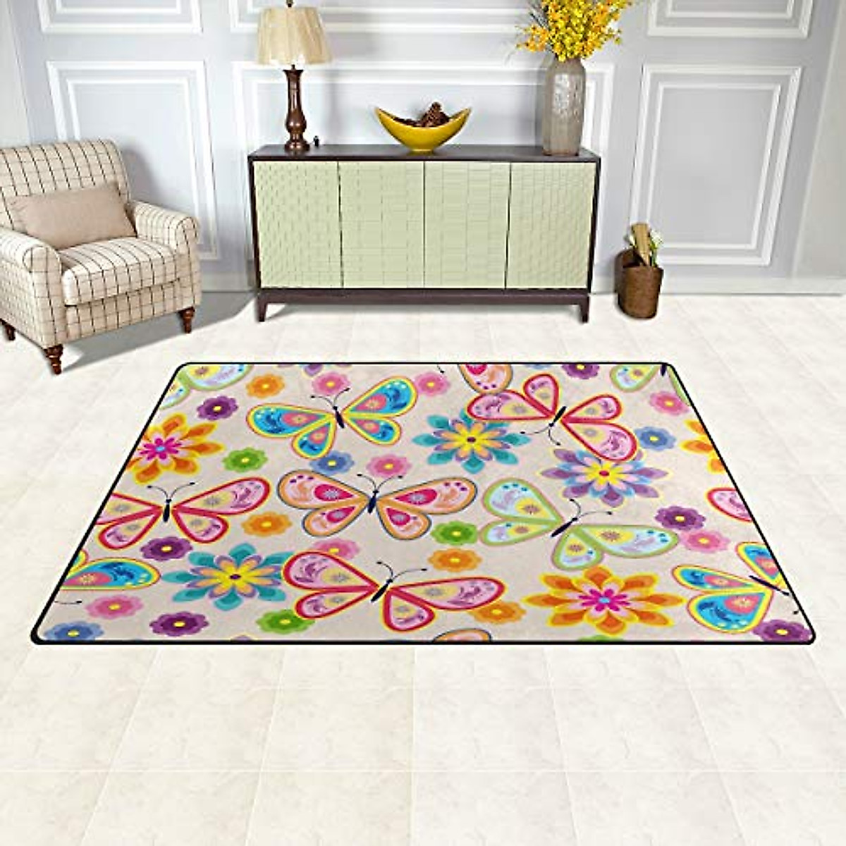Linomo Area Rug Floral Butterfly Flower Floor Rugs Doormat Living Room Home Decor, Carpets Area Mats for Kids Boys Girls Bedroom 60 x 39 Inches