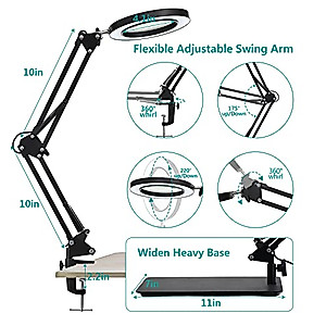 10X Magnifying Glass with Light and Stand, KUVRS Flexible Magnetic Helping Hands, Large Base & Clamp Magnifying Lamp, 3 Color Adjustable Arm Desk Magnifying Glass with Light for Soldering Craft Hobby