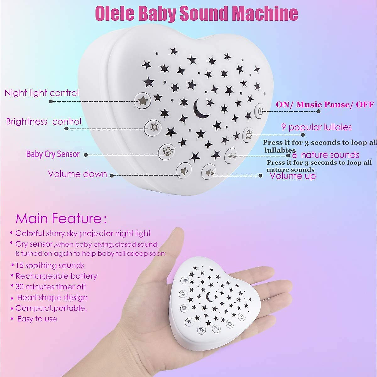 Baby Sleep Soothers, Owl Baby Shusher White Noise Toy Sound Machine Portable, Cry or Noise Baby Activated Machine for Toddler Girl Boy, Olele Plush Night Light Projector Birthday Gifts for Newborns