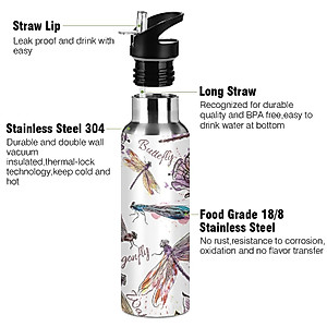 GOODOLD Insect Dragonfly Stainless Steel Water Bottle, 32oz Vacuum Insulated Sports Water Bottle with Straw Lid, BPA Free, Leakproof, Double Walled, Perfect for Gym and Outdoor