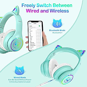 LOBKIN Bluetooth 5.3 Kids Headphones with Case - RGB LED Light Up Cat Ears Foldable Adjustable On-Ear Headset Support Wireless or 3.5mm Wired Mode for Toddler & Girls & Boys Teens (Green)