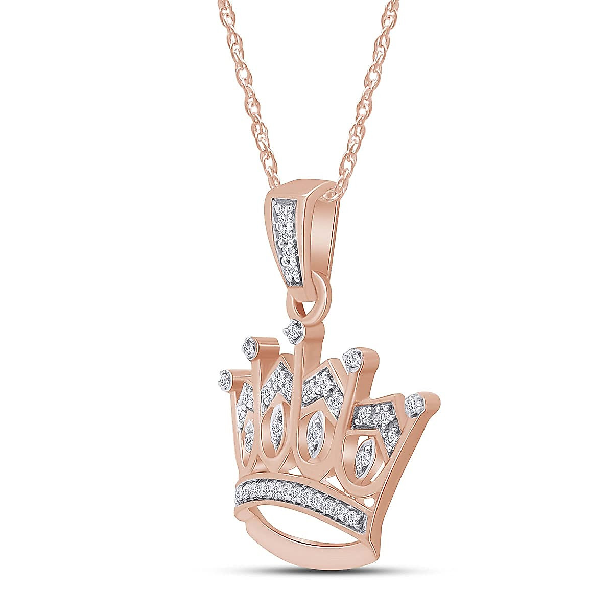 Jewel Zone US Natural Diamond Crown Pendant Necklace in 14K Rose Gold Over Sterling Silver