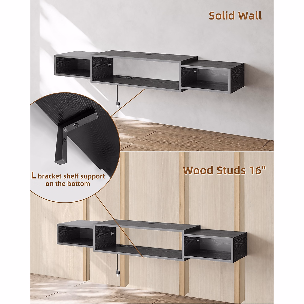 Vicodabo 55" Floating Wall TV Cabinet Stand with Power Outlet, Wall Mounted Wood Media Console, Modern Entertainment Center for Living Room,Bedroom (Black Color)