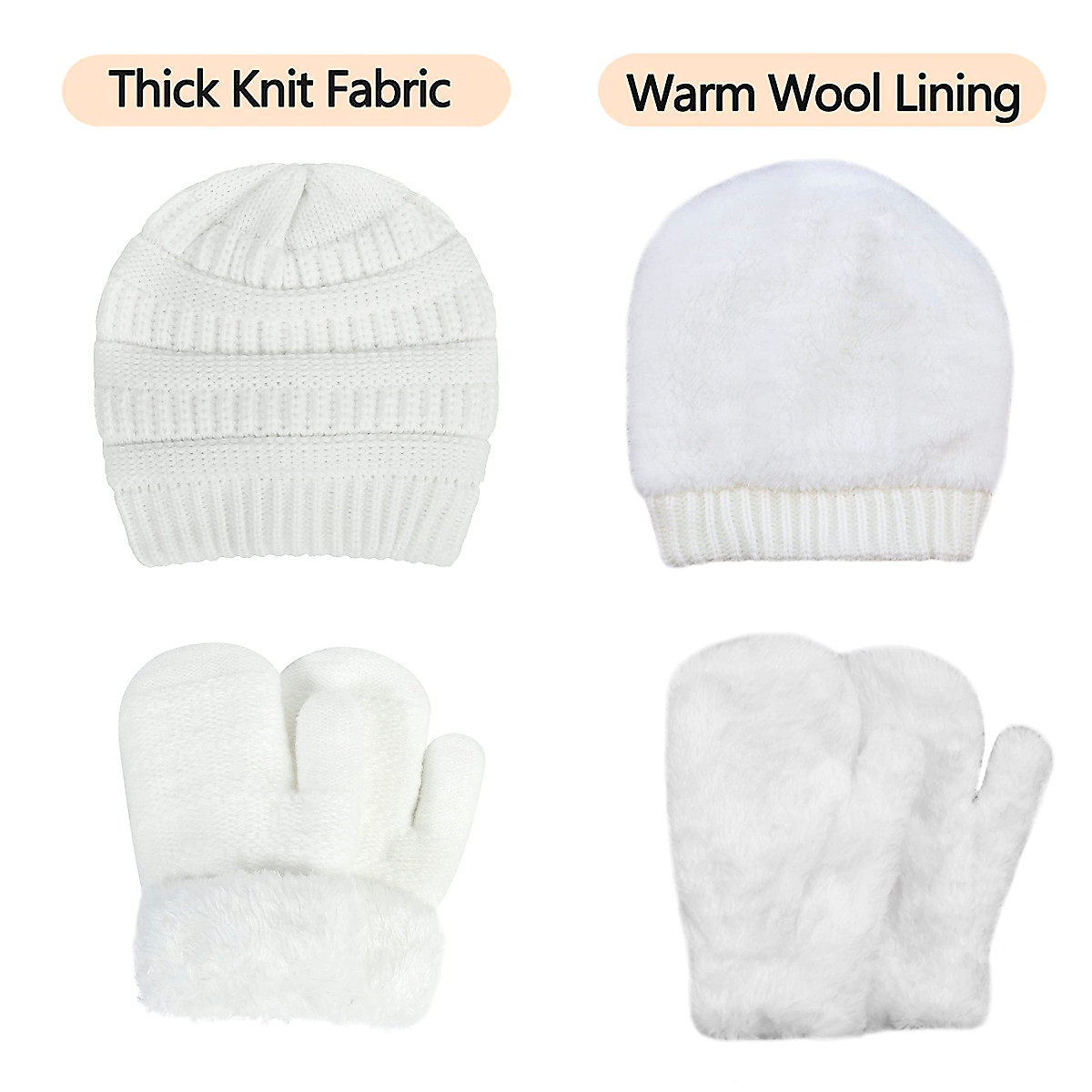 Muryuobao Toddler Kids Girls Boys Knitted Winter Hat Gloves Set Warm Fleece Lined Hats Baby Cable Skull Beanie Cap Mittens Set White Small