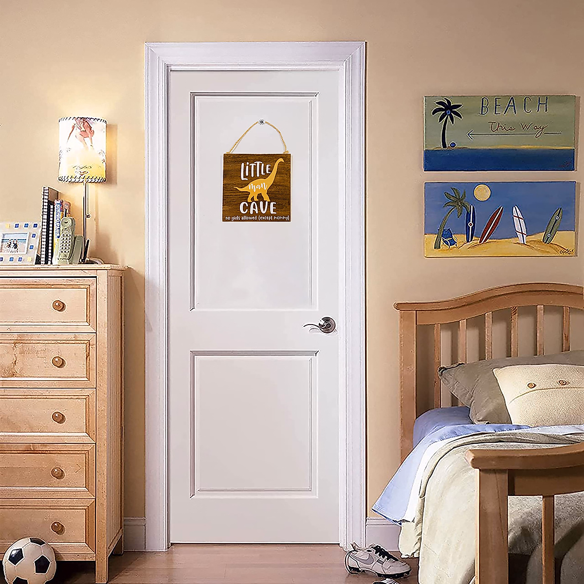 HnJOY Little Man Cave - Dinosaur Wood Wall Decor - Boys Room Decoration - Nursery Decor for Boys Gift Bedroom - Wooden Door Hanging Wall Plague