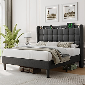iPormis Queen Bed Frame with Charging & Storage, Upholstered Platform Bed with Button Tufted Wingback Headboard, Heavy-Duty Foundation, No Box Spring Needed, Dark Grey