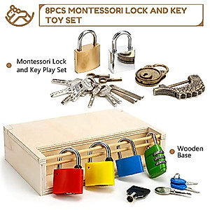 Woodtoe 8 PCS Montessori Lock and Key Toy Set for Toddlers, Wooden Montessori Materials, Homeschool Preschool Keys and Locks Learning, Educational Birthday Toys for 3+ Year Old Kids Boys Girls