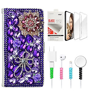 STENES Bling Wallet Luxury Phone Case Compatible with Samsung Galaxy S23 Plus - Stylish - 3D Handmade Luxury Flowers Design Leather Cover with Screen Protector & Cable Protector - Deep Purple