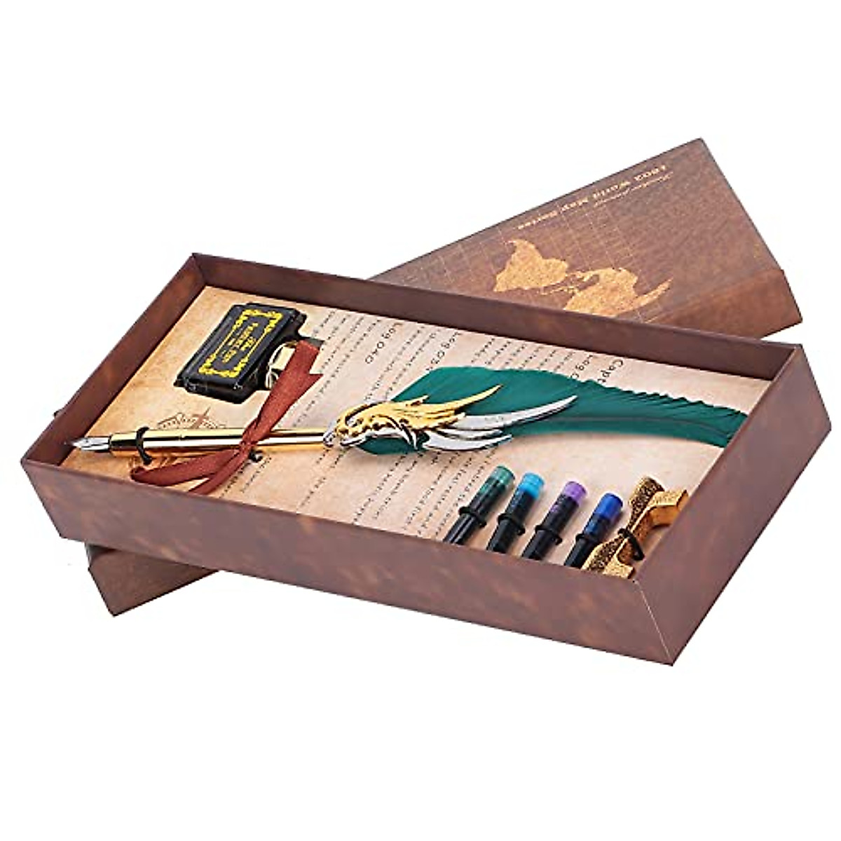 Zyyini Writing Feather Pen, Metal Retro Dip Quill Kit, Feather Pen Ink Set, for Calligraphy, Signature(Dark Green, Polar Animals)