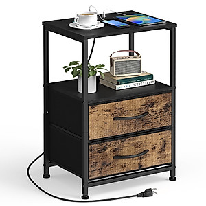 YBING Nightstand with Charging Station White Night Stand End Table with Fabric Drawers Side Table with Storage for Bedroom Living Room