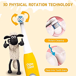 SAIPOTOYS Kids Electric Toothbrush with Timer,Shaun The Sheep Kids Electric Toothbrush w/Sensitive Brush Head,Built in 2-min Auto-Timer,IPX7 Waterproof, Automatic Toothbrush for Kids 3+ (Yellow)