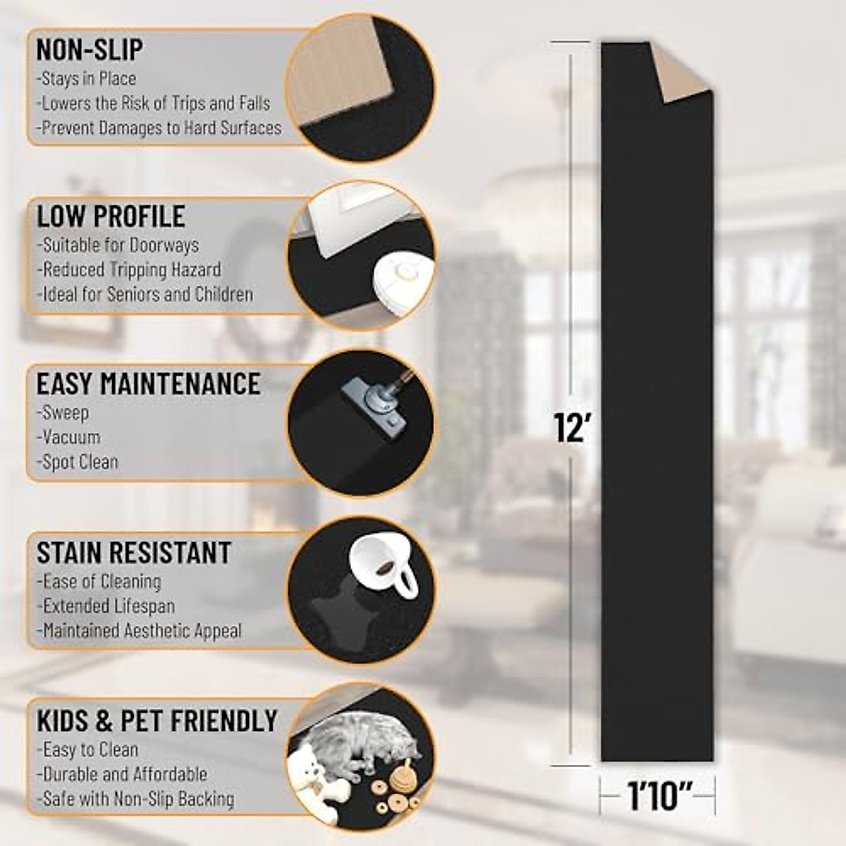 Machine Washable Modern Solid Design Non-Slip Rubberback 2x12 Traditional Runner Rug for Hallway, Kitchen, Bedroom, Living Room, 1'10" x 12', Black