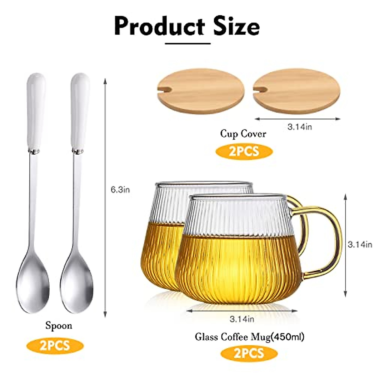 15 Oz Glass Coffee Mugs Set of 2,Glass Coffee Cups with Lids and Spoon,Clear Coffee Mug for Hot Beverages and Cold,Ice Coffee,Tea,Cereal, Milk,Cappuccino,Latte,Dishwasher and Microwave Safe.