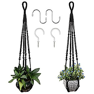 Macrame Plant Hanger for 5 to 10 Inch Plant Pots, Set of 2 Indoor Handmade 35 Inch Woven Rope Hanger Kits with Hooks and Wood Beads, Hanging Planter Basket Holder for Boho Home Decor (Black, 2 Pack)