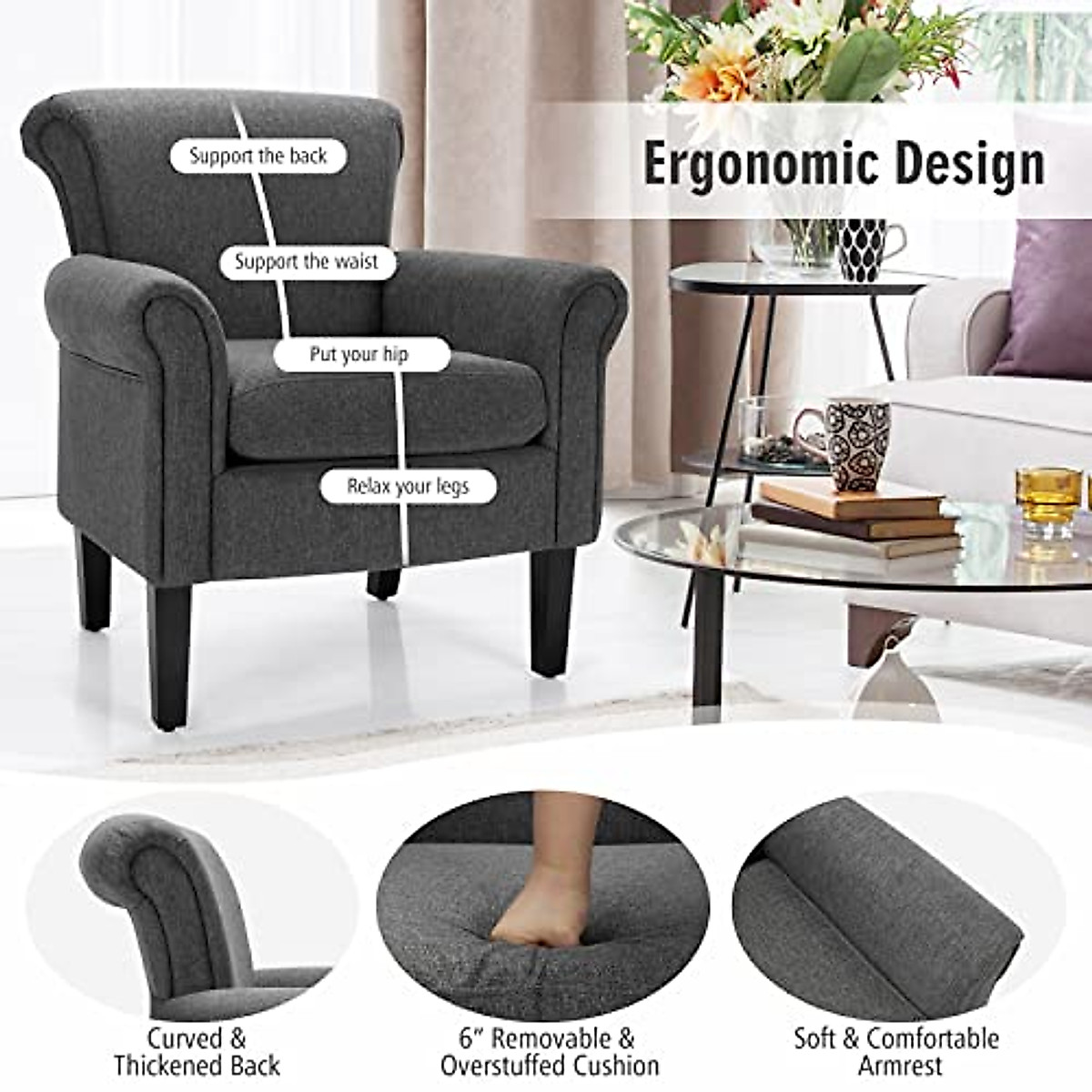 Giantex Set of 2 Modern Fabric Accent Chair, Comfy Living Room Chair w/Adjustable Foot Pads, Overstuffed Backrest, Single Sofa Leisure Chair w/Soft Cushion, Bedroom Chair for Reading, Nursery, Gray