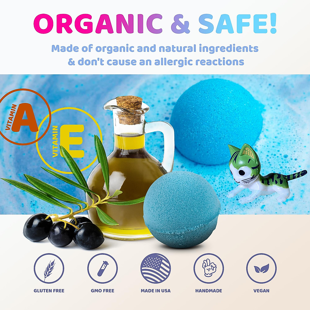 Bath Bombs for Kids Set with Cat Toys Surprise Inside for Kids - Surprise Cute Cats Inside Each Fizzy Bath Ball - Natural and Safe for Girls, Boys, Teens - Perfect for Gift - Handmade in USA