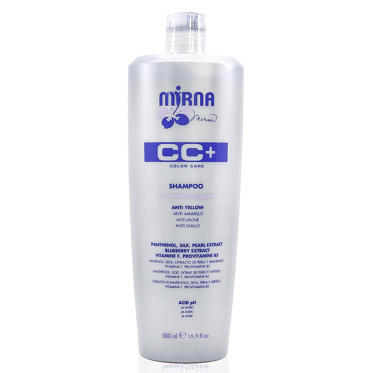 Mirna Professional Color Care NO Yellow Shampoo. Delicate pH acid formula, also contains Vitamin F, Provitamin B5 Panthenol, SIlk and Pearl Extracts. Enriched with Blueberry extract. 500ml / 16.9oz