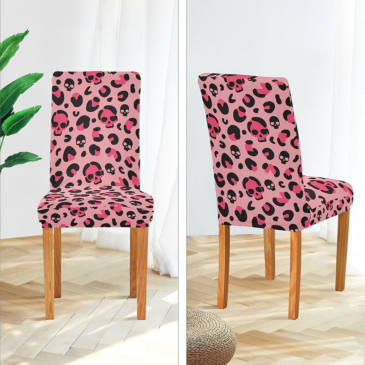 JUNZAN Halloween Skull Leopard Camouflage Pink Chairs Covers Set of 4 Slipcovers Spandex Dining Chair Covers for Outdoor Chair Ceremony