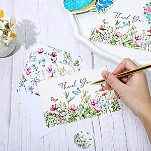 Whaline 20 Pack Wildflower Thank You Cards Bulk Flower Butterfly Greeting Cards with Envelopes and Stickers Spring Floral Blank Note Cards for Birthday Wedding Baby Shower Bridal Shower, 4 x 6 Inch