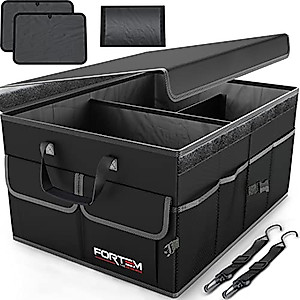 FORTEM Car Trunk Organizer, Car Storage Organizer, Collapsible Multi Compartment Car Organizer, SUV Trunk Organizer, Non Slip Bottom, Adjustable Securing Straps, Foldable Cover (Black, Standard Size)