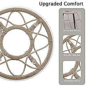 3 Pieces Rocking Chairs Set, Boho Indoor Outdoor All Weather Woven Rope Table Set, Tan Wicker Chat Set with White Cushions, Rattan Sets for Balcony, Garden, Front Porch,Indoor,Living Rooms