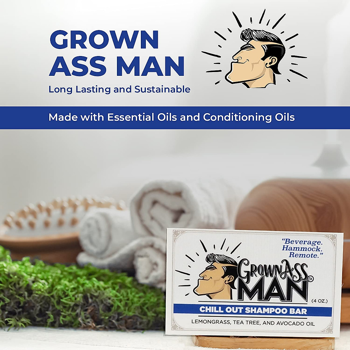 Grown Ass Man Co. - Solid Shampoo Bar Rich Lather 3 in 1: Hair, Beard & Body Wash - Plastic Free & Eco-Friendly, Natural & Organic Clean for All Hair Types, 4oz Bar (Chill Out, Single)