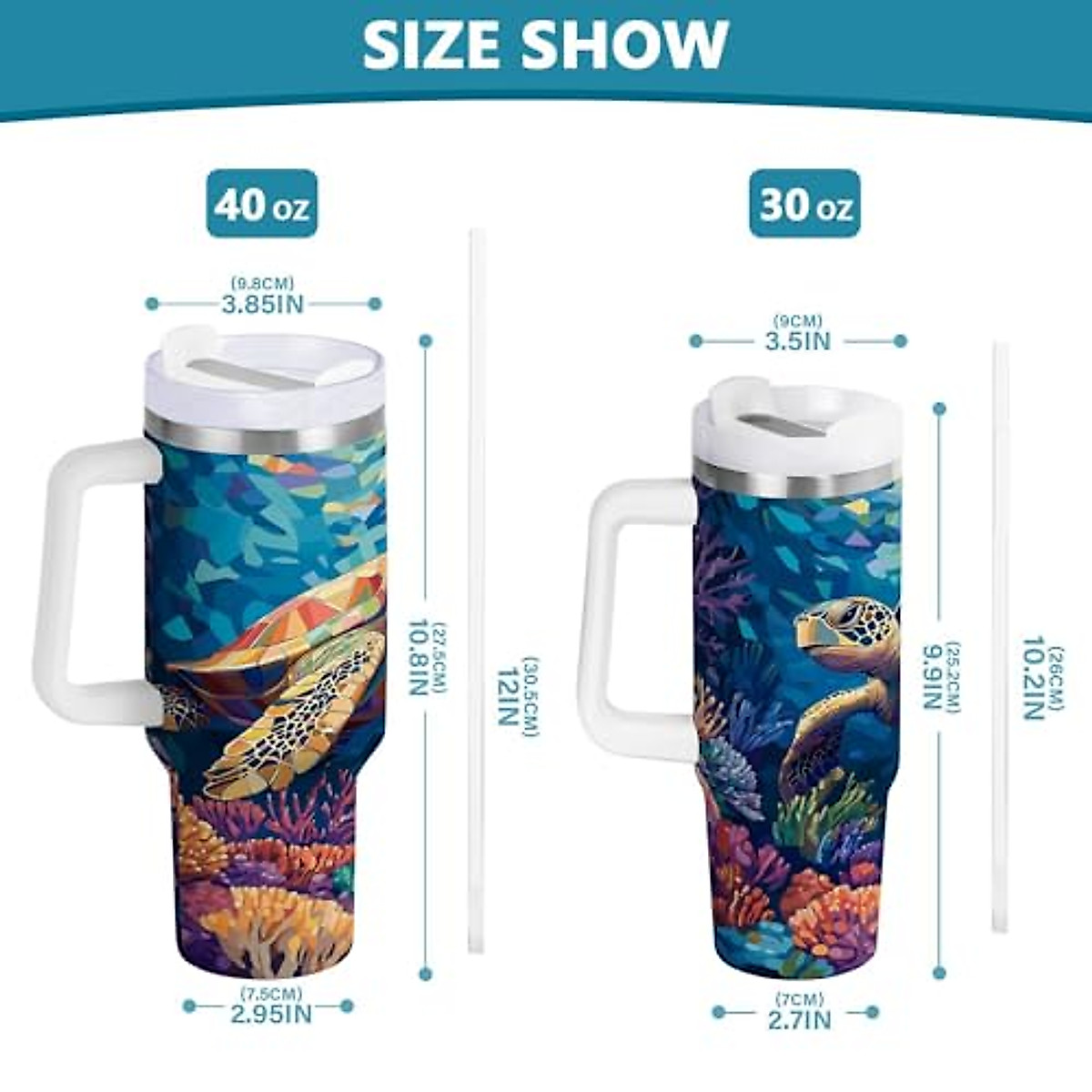 Slewiaeky Tumbler with Handle 40 oz Lovely Turtle Ocean Travel Mug with Lid and Straw Sea Stainless Steel Vacuum Insulated Water Bottle Cup for Iced Tea Coffee Cold Beverages Cup Holder Friendly