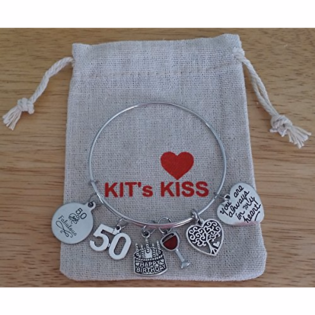 Kit's Kiss 50th Birthday Bracelet, Birthday Gift for Women, 50 and Fabulous Bracelet, Birthday Bangle Bracelet, Birthday Charm, Tree of Life Charm, Birthday Bangle Jewelry (50th Birthday)