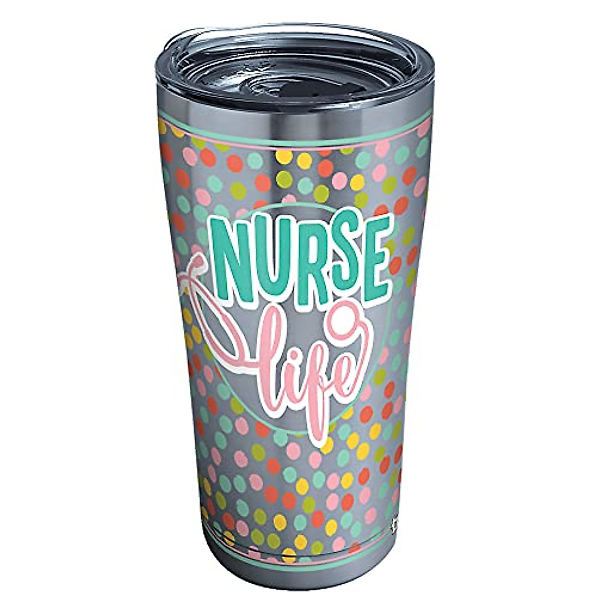 Tervis Nurse Life Polka Dots Insulated Tumbler with Clear and Black Hammer Lid, 20 oz Stainless Steel, Silver