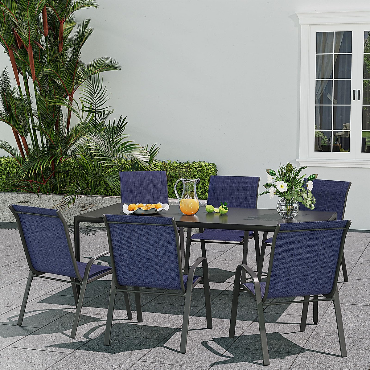 VONZOY Patio Dining Chairs Set of 6, Outdoor High Stacking Chairs，Breathable Seat Fabric and Alloy Steel Frame for Backyard, Porch, Garden, Sunroom (Blue)