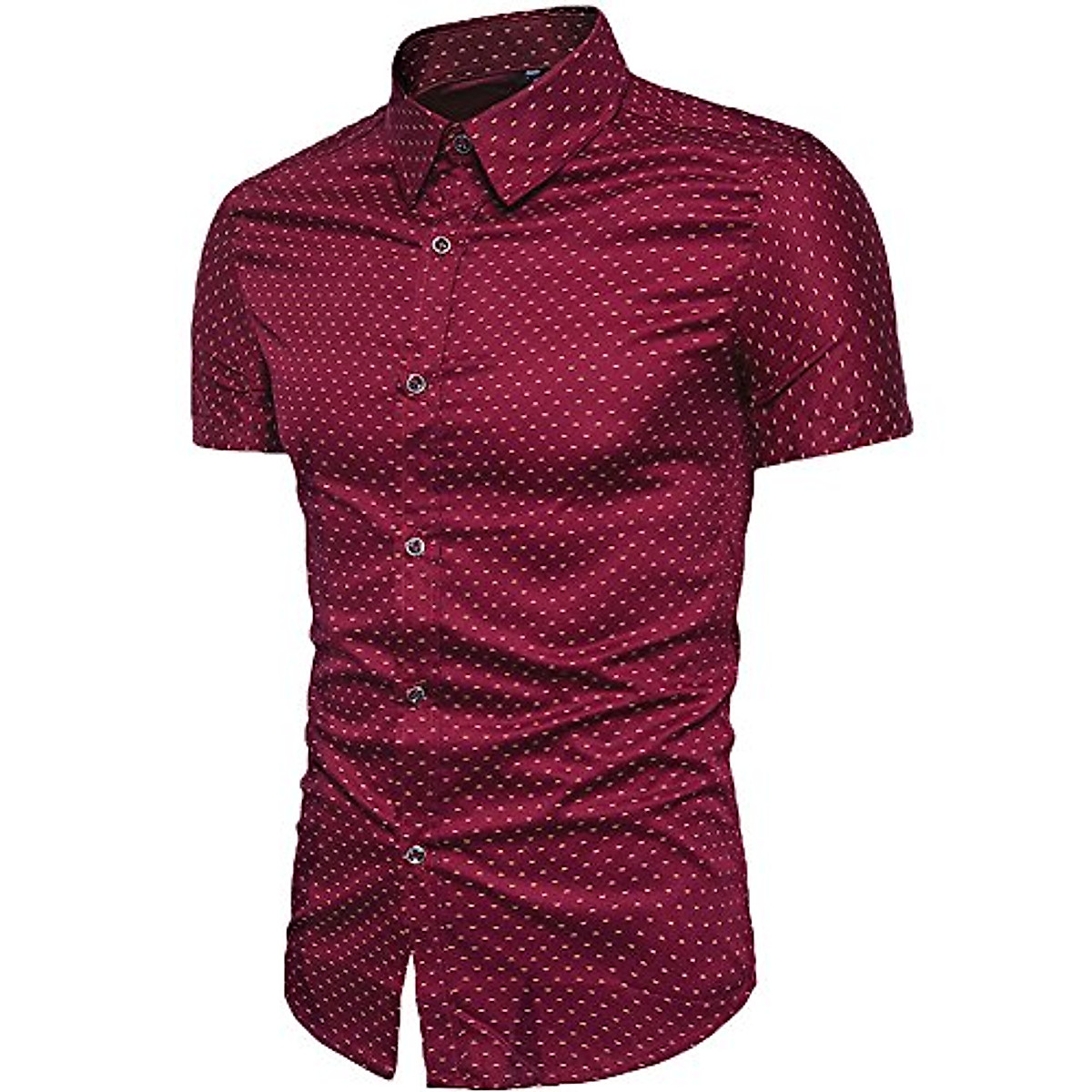 MUSE FATH Men's Printed Dress Shirt-Cotton Casual Short Sleeve Shirt-Interview Dress Shirt-Wine Red-XL