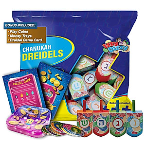 Hanukkah Dreidels - Multi Colored Pattern Print Wooden Dreidel - 10 Pack Medium