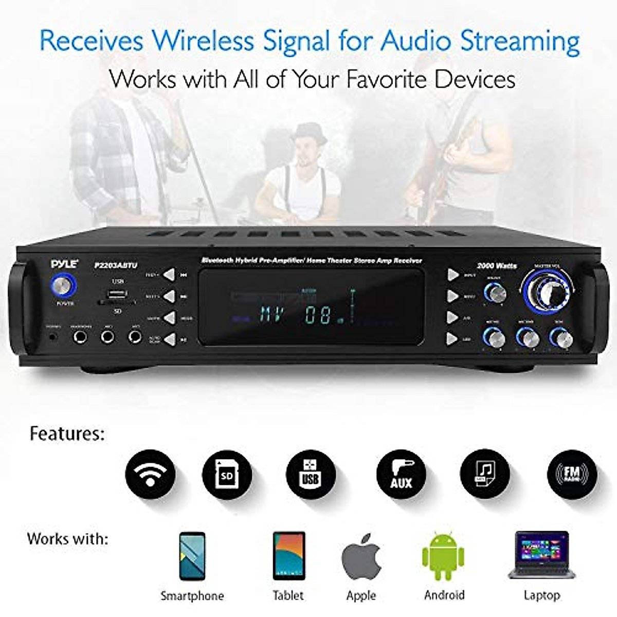 Pyle 4-Channel Bluetooth Home Power Amplifier - 2000 Watt Audio Stereo Receiver w/ Speaker Selector, AM FM Radio, USB/ SD Card Reader, Karaoke Microphone Input - Home Entertainment System