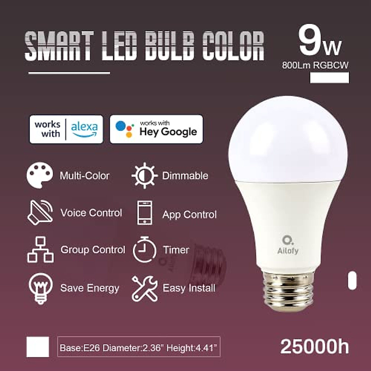 Ailofy LED Smart Light Bulbs, 16M Color Changing Dimmable, Works with Alexa & Google Assistant, RGBCW Colored Bulb, Bluetooth WiFi Light Bulbs, A19 E26, 9W 800LM, 1800K-6500K Tunable White, 2 Pack